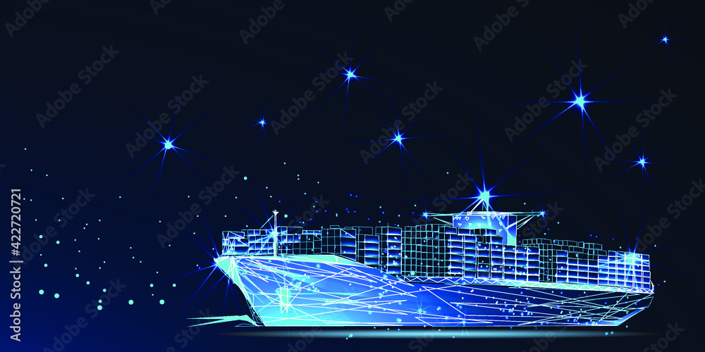 Cargo ship isolated in dark blue background. Container ships ...