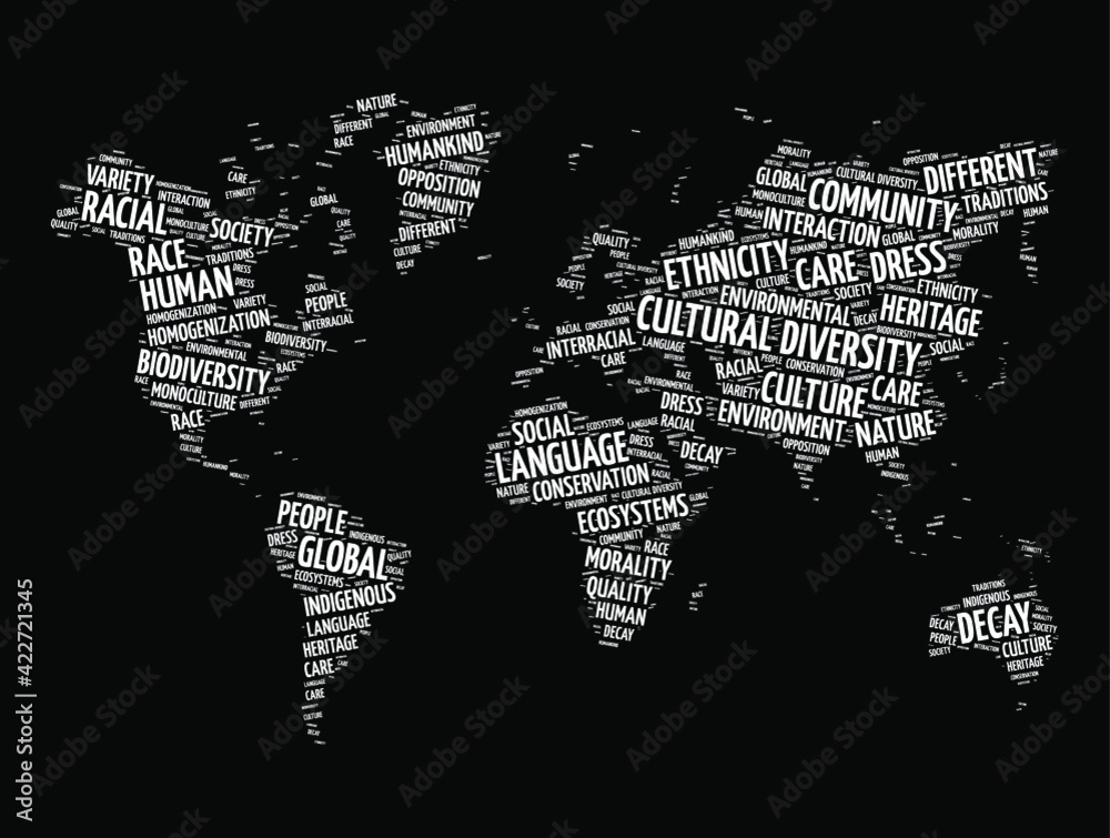 Cultural diversity word cloud in shape of world map, concept background ...