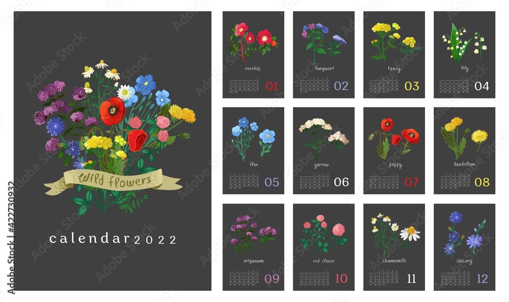 Floral wall vertical calendar for 2022, the week starts on Sunday ...