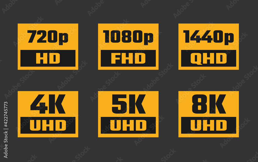 Screen Resolution icon set, 4K UHD, 5K, 8K, Quad HD, Full HD and HD ...
