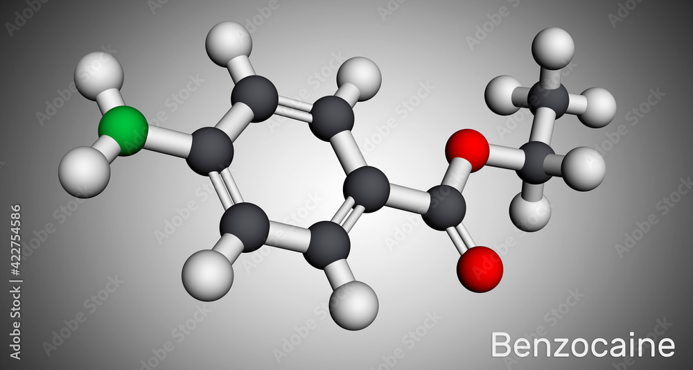 Benzocaine molecule. It is local anesthetic. Molecular model. 3D ...