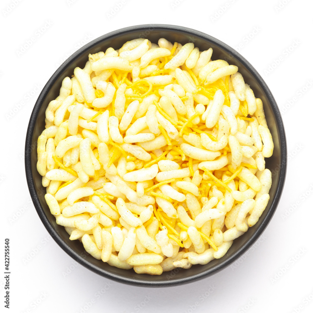 Close-Up of Crunchy Lemon Bhel in a black ceramic bowl made with Puffed ...