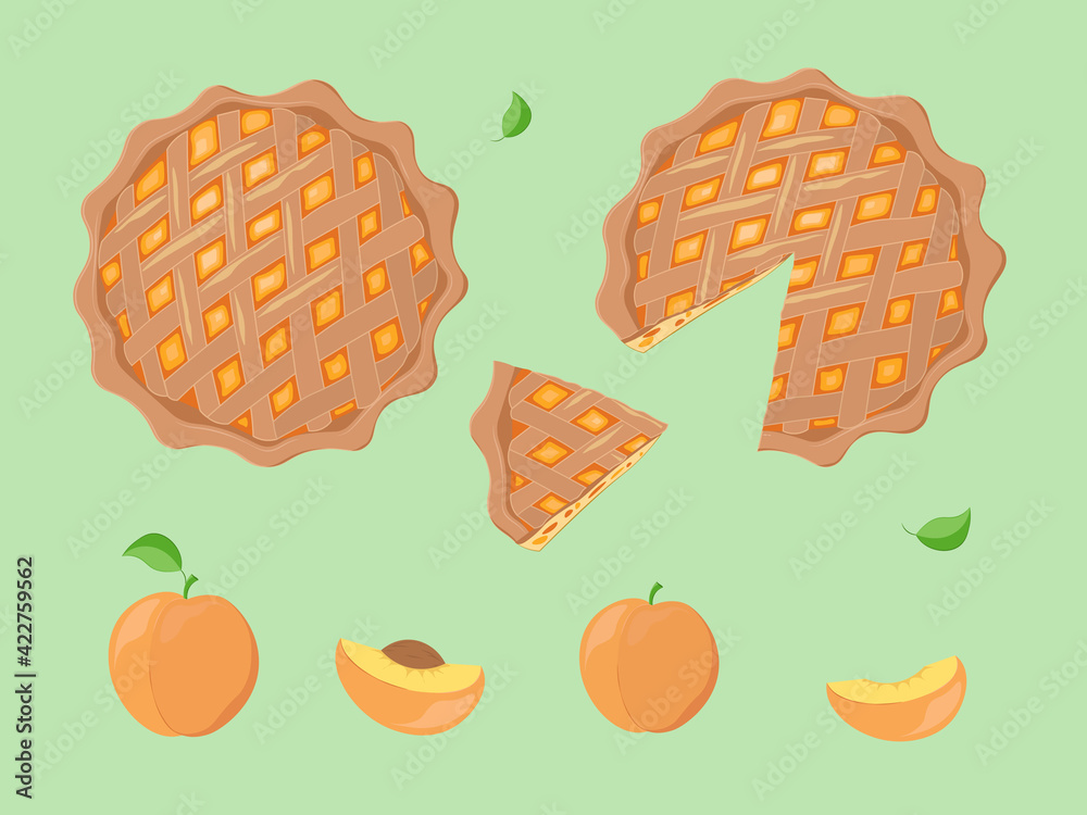 Hand drawn decorative vector illustration of peach pie and peaches ...