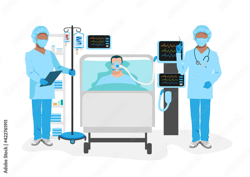 A sick person lies in intensive care and is connected to the artificial ...