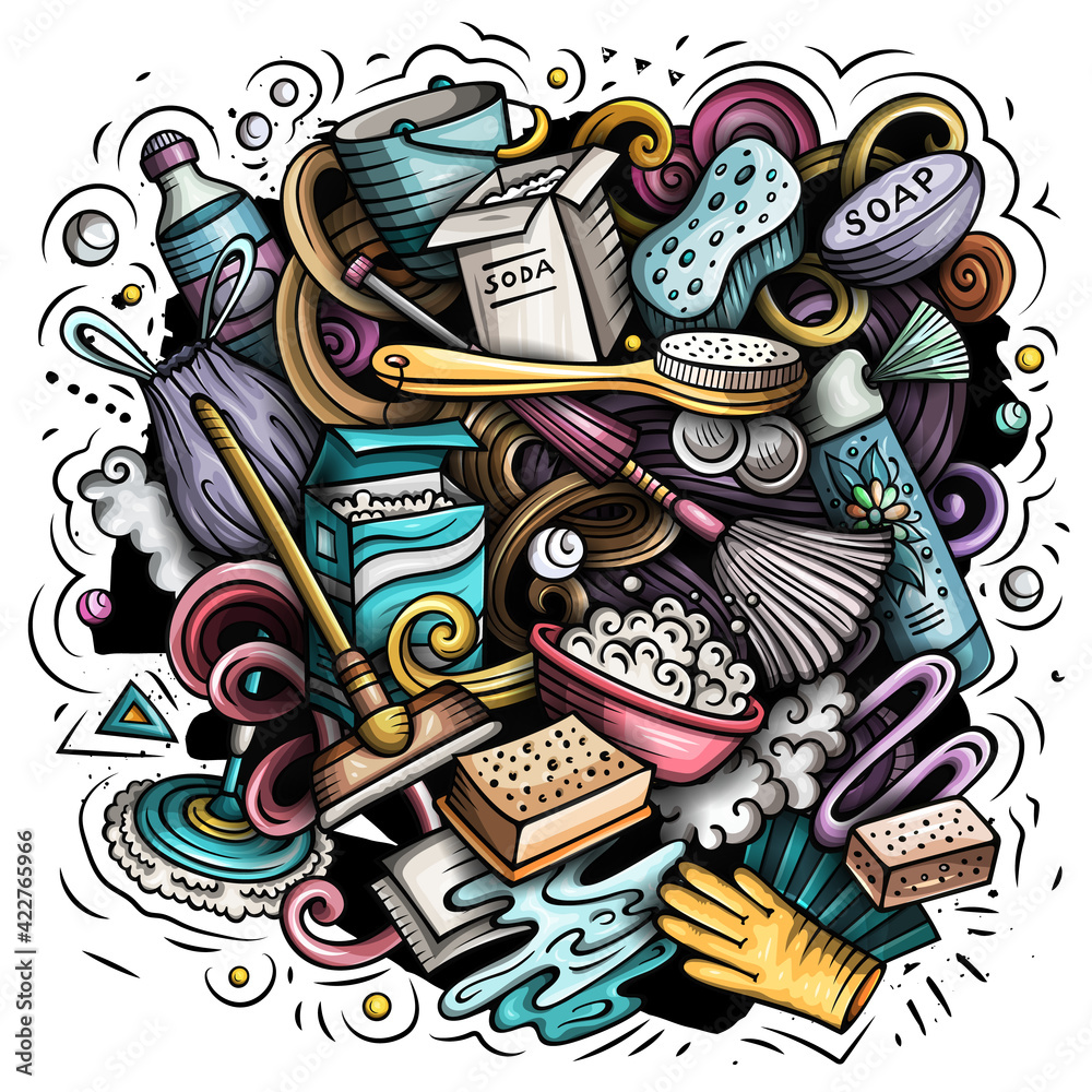 Cleaning cartoon vector doodle design Stock Vector | Adobe Stock