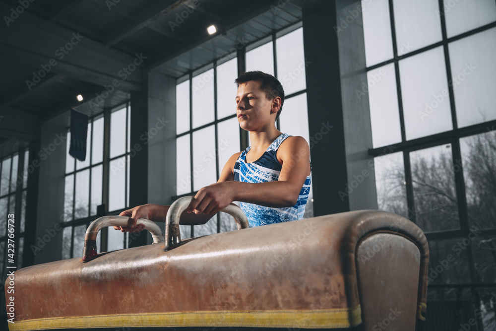 Little male gymnast training in gym, flexible and active. Caucasian fit ...