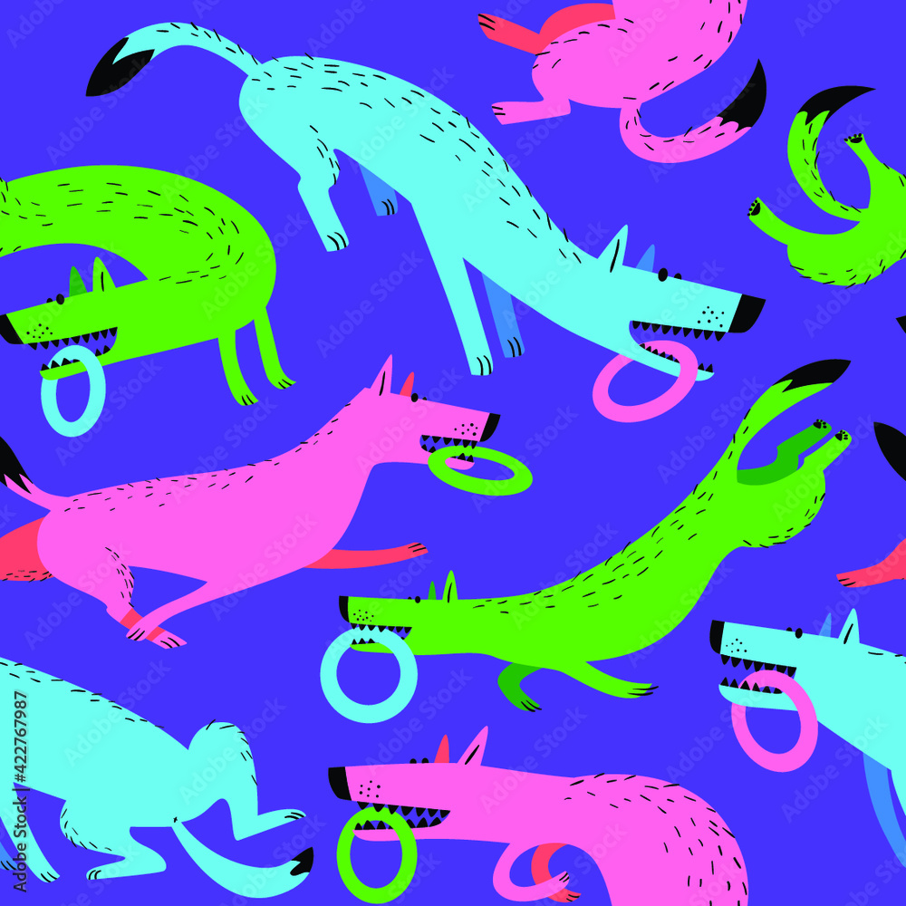 Background with dogs catching toy. Seamless pattern with cute pet ...