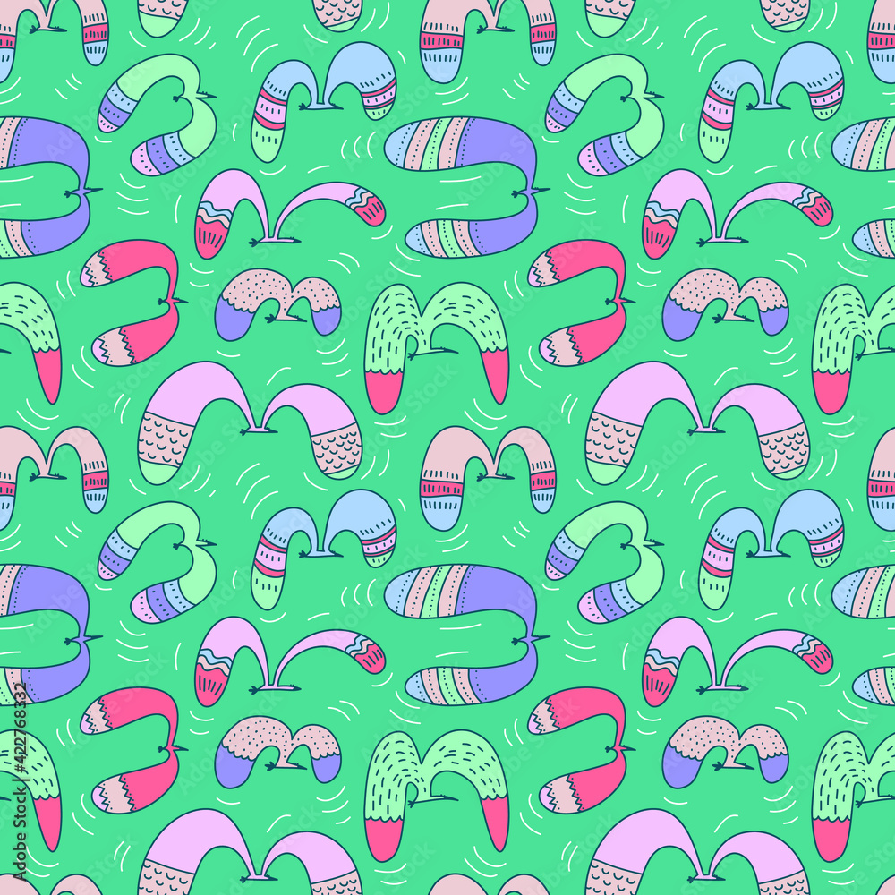 Doodle birds seamless pattern.Background with flying seagull characters ...