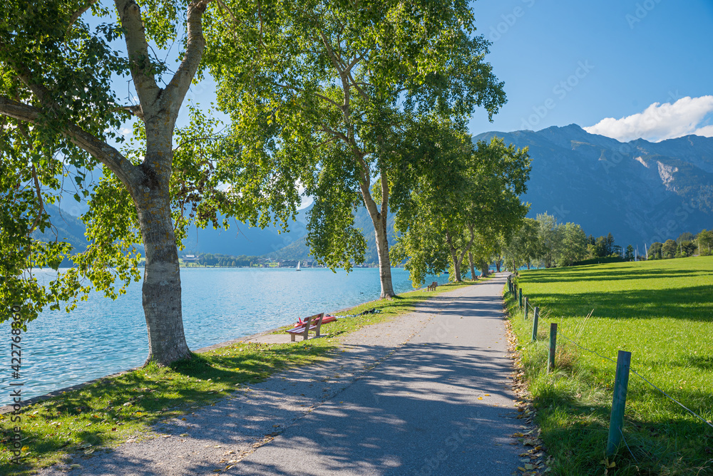 lake shore Buchau, tourist destination Achensee, spring landscape tirol ...