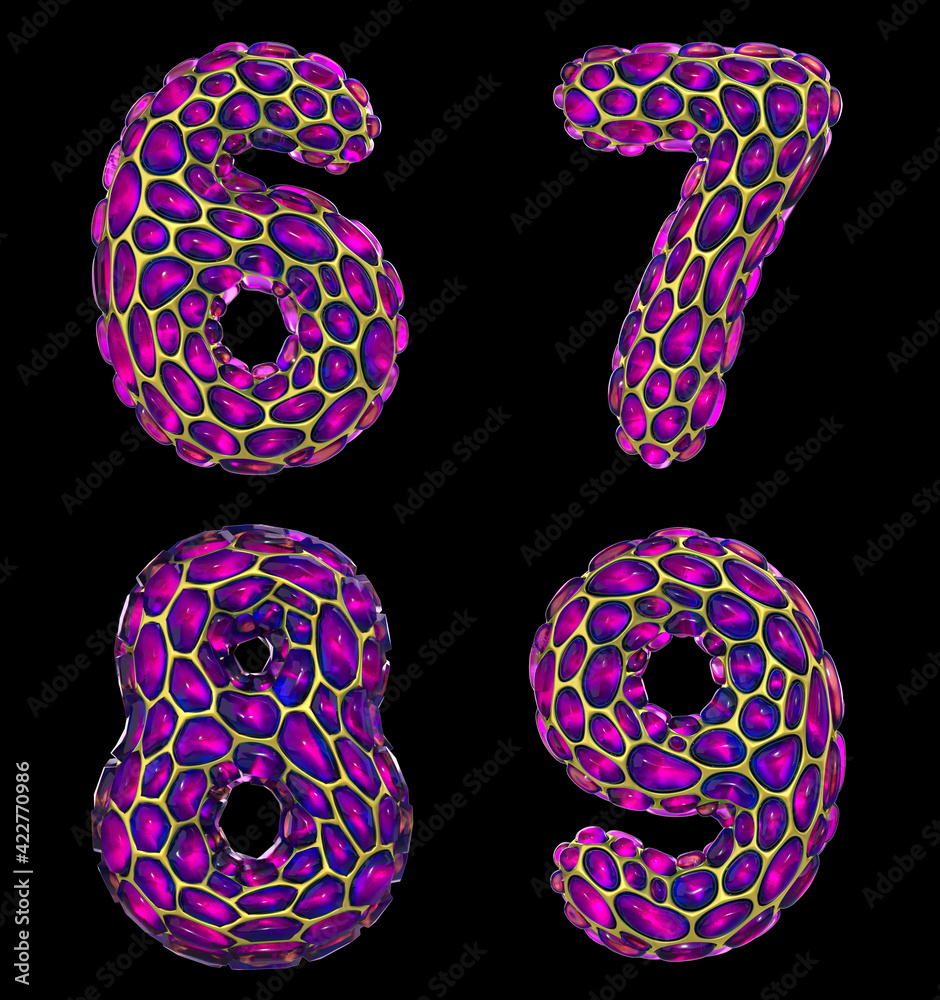 Number set 6, 7, 8, 9 made of realistic 3d render golden shining ...