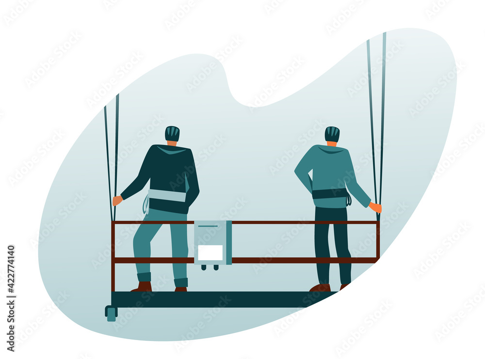 Male industrial climbers climbing up in a construction cradle. Guys ...
