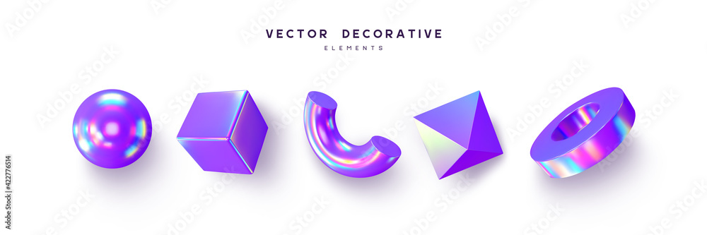 Set of 3d render primitives. Realistic 3d sphere, torus, cone, cube, tube. Glossy holographic ...