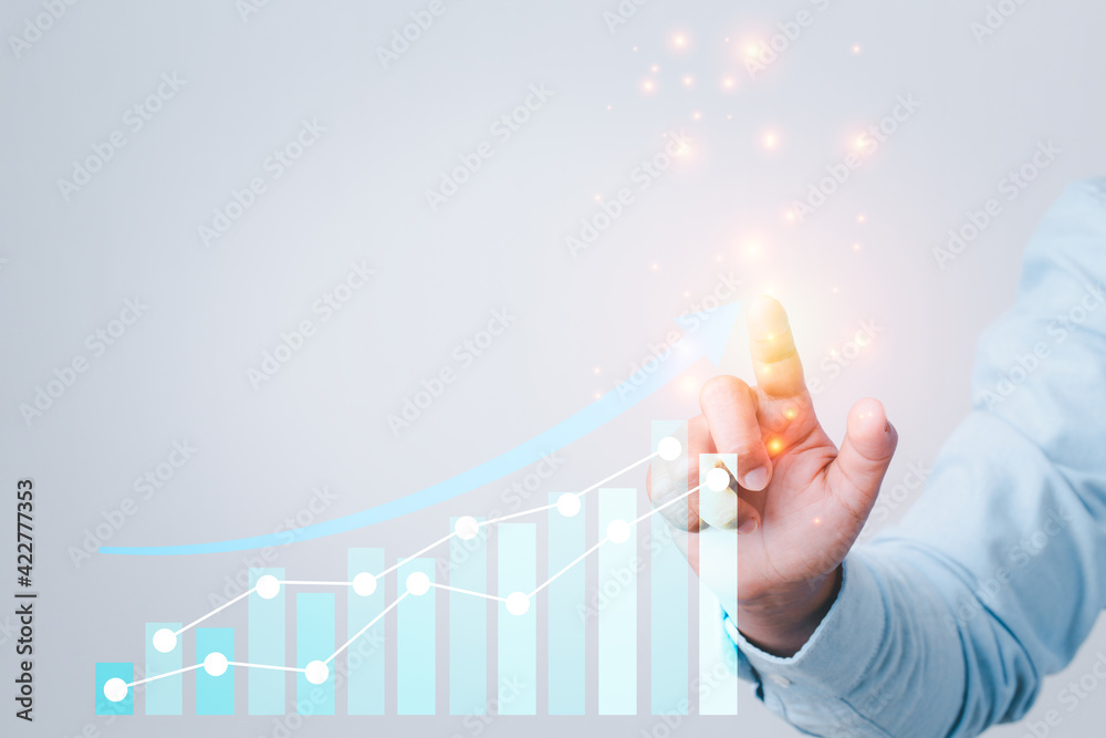 Businessman hand touching arrow graph or chart coporate technology plan ...