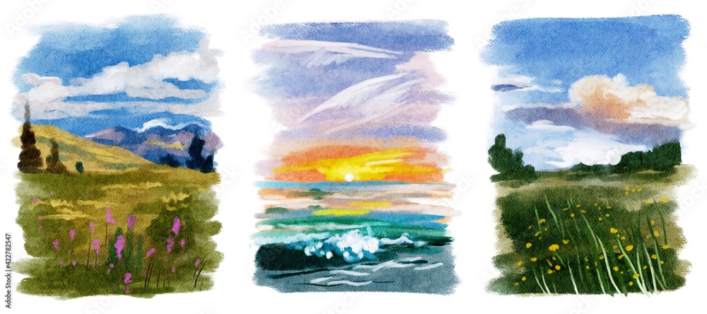 Watercolor summer poster collection landscape. Hand drawn background ...