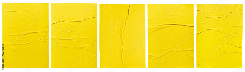 Yellow paper wrinkled poster template , blank glued creased paper sheet ...