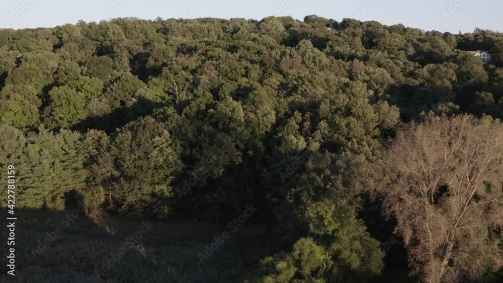 Drone flying backwards over forest reveal old historic silo and barn ...