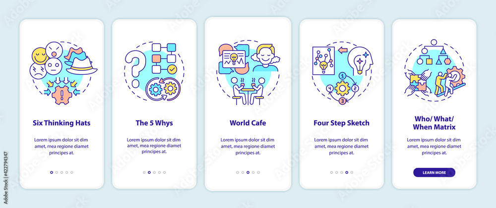 Problem solving methods onboarding mobile app page screen with concepts. Creative thinking ...