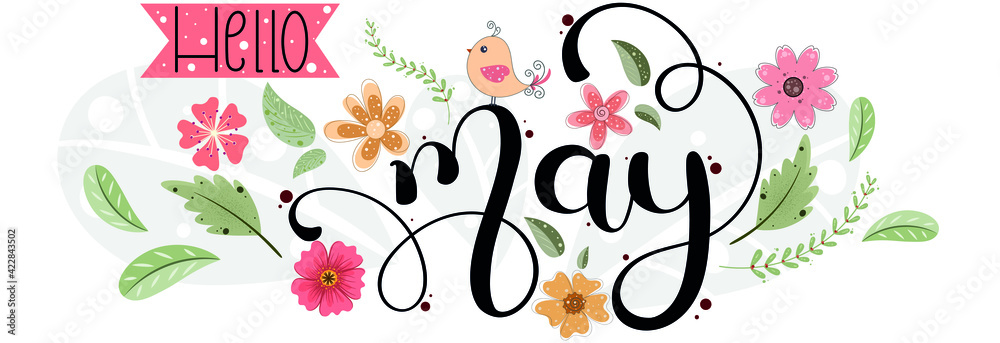 Vecteur Stock Hello May. MAY month vector with flowers, birds and ...