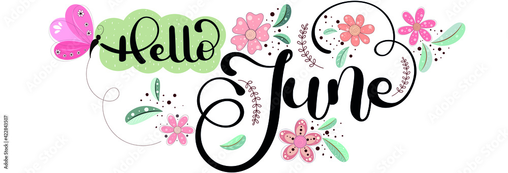 Hello June. JUNE month vector with flowers, butterfly and leaves ...