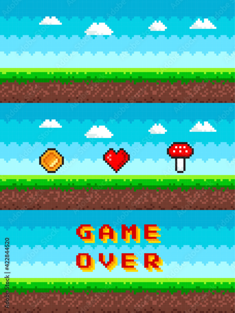 Set of pixel art game background. 8 bit picture with sky, clouds ...