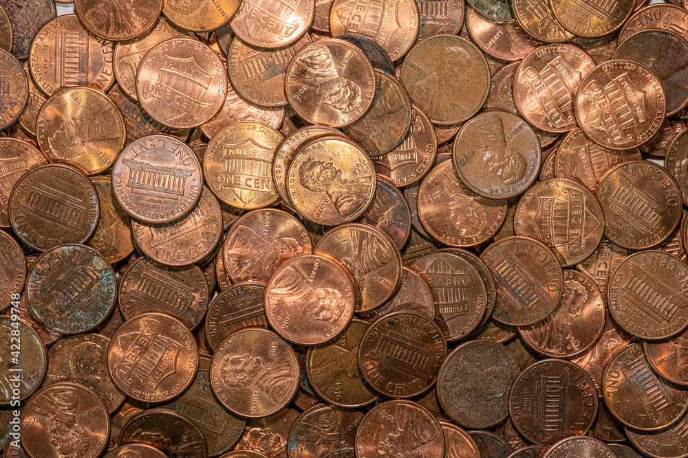 Pile of US pennies shot from above Stock Photo | Adobe Stock