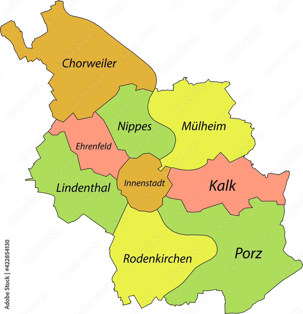 Simple pastel vector map with black borders and names of districts of ...