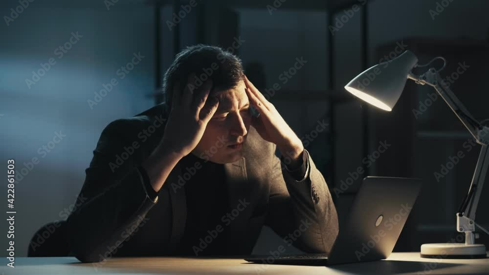 Overwork fatigue. Night video call. Professional stress. Tired ...