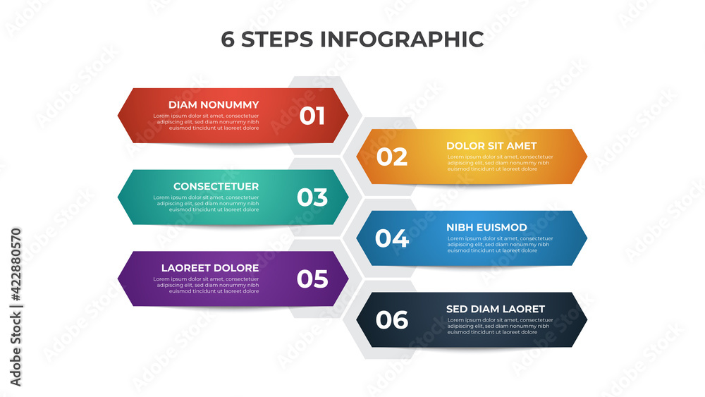 Colorful 6 points of steps, with hexagonal list layout diagram ...