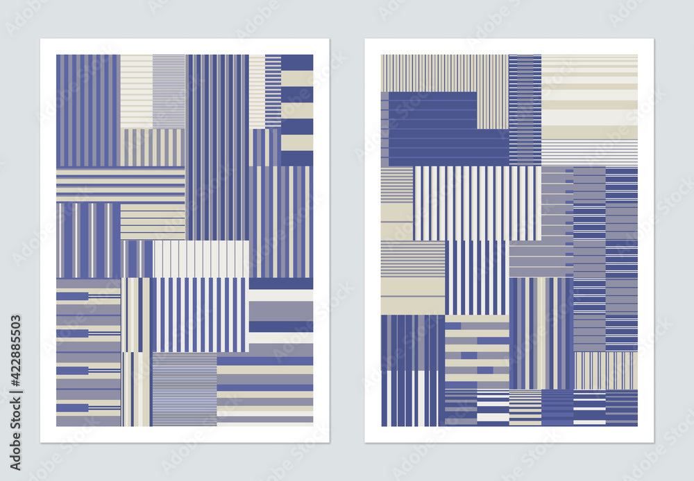 Geometry shapes poster template design, striped lines in blue and brown ...