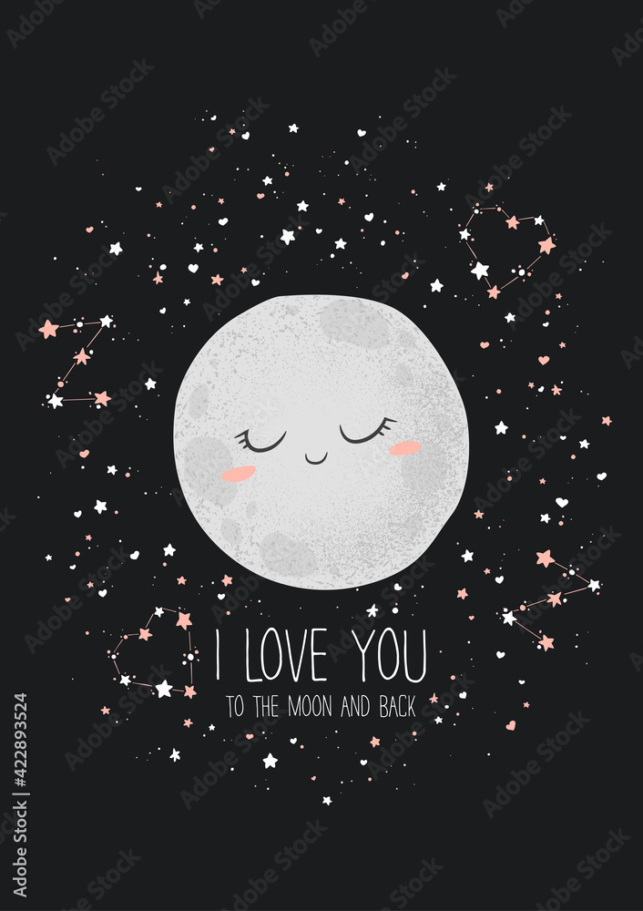 Vector vertical illustration with cute hand drawn cartoon moon, stars ...