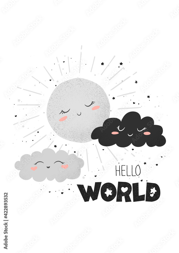 Vector vertical illustration with cute hand drawn cartoon sun, clouds ...
