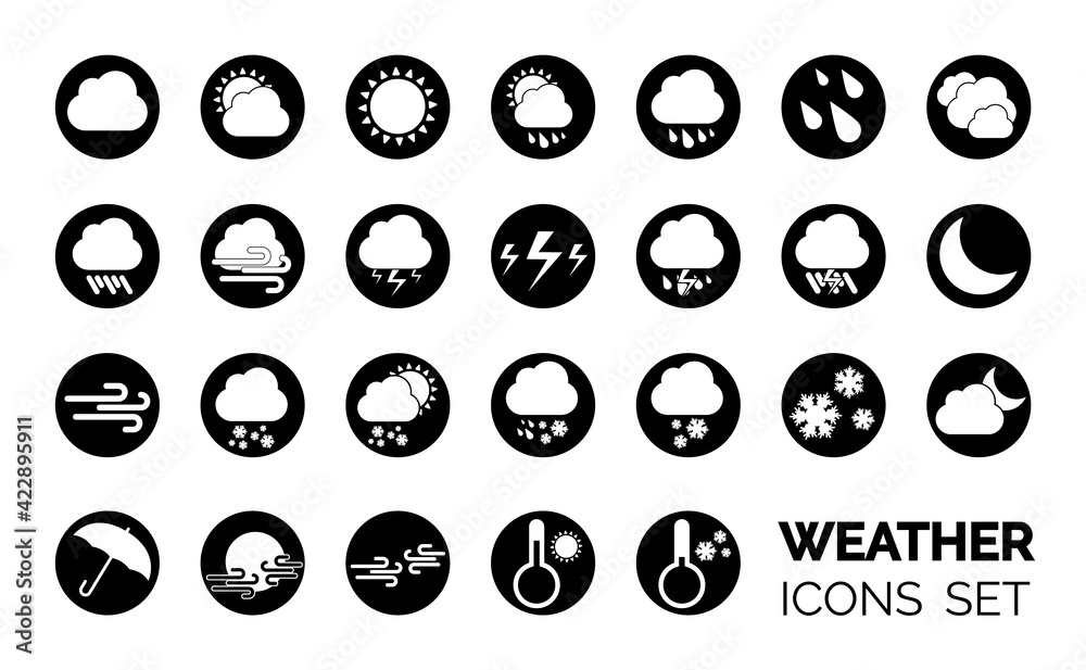 Weather icons set. Black and white vector illustrations. Sticky symbols ...