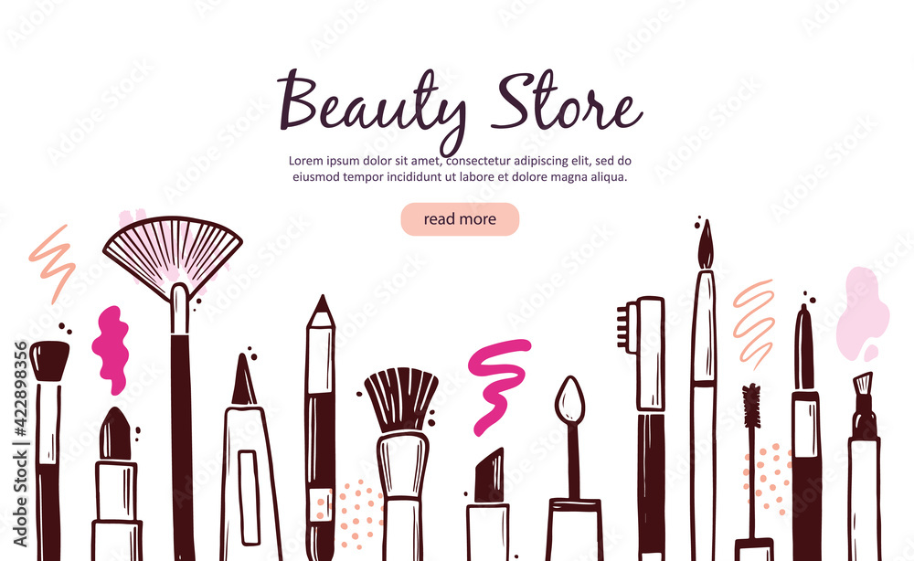 Hand drawn template with makeup beauty cosmetic elements, mascara ...