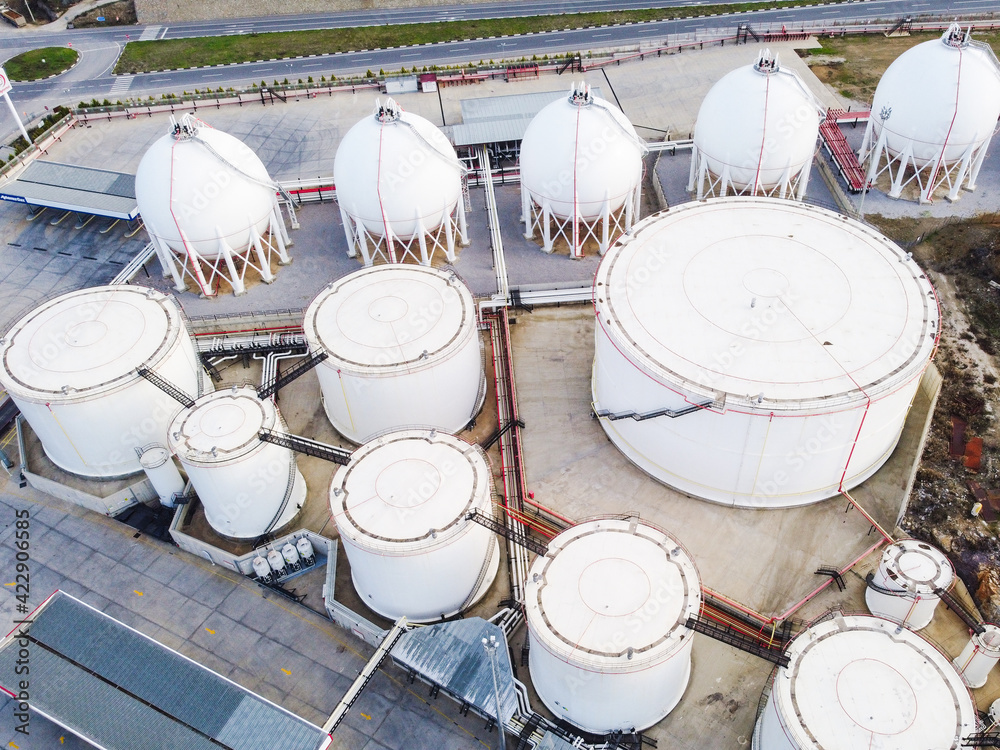 Liquified natural gas storage. LNG or LPG gas plant. Storage tanks for ...