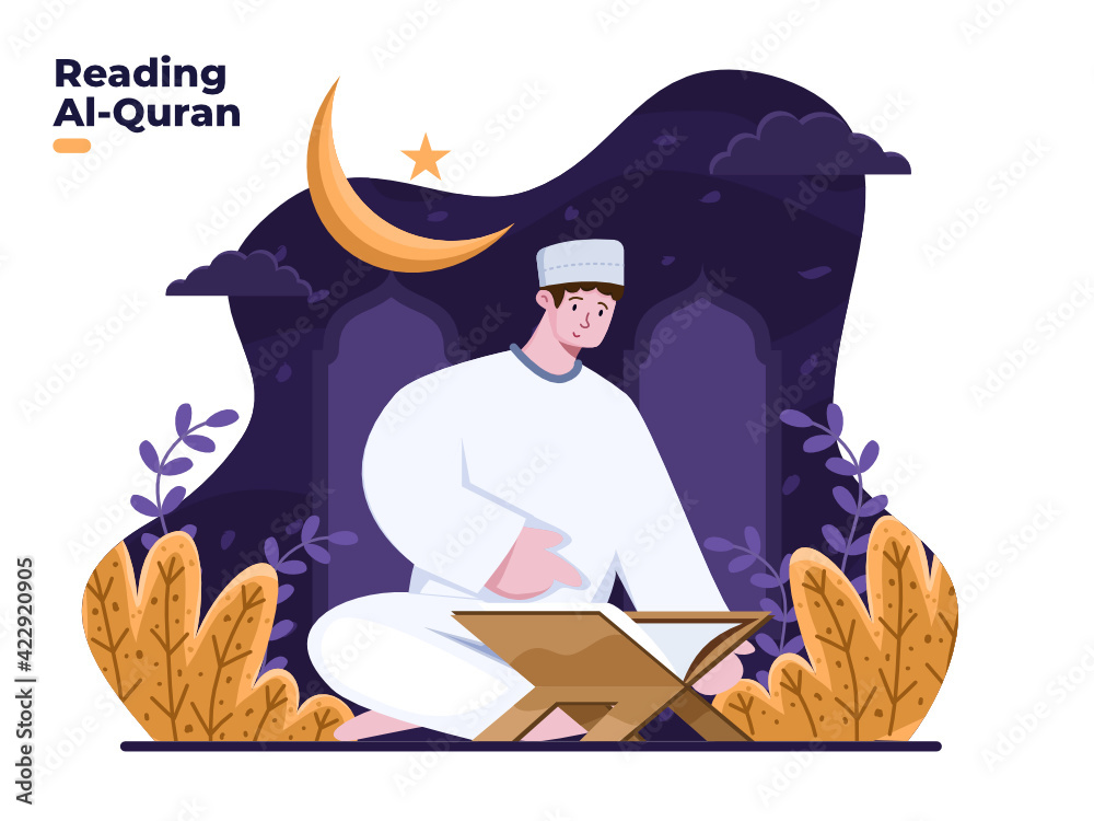 Muslim man reading holy Quran illustration vector. Orang sedang mengaji ...