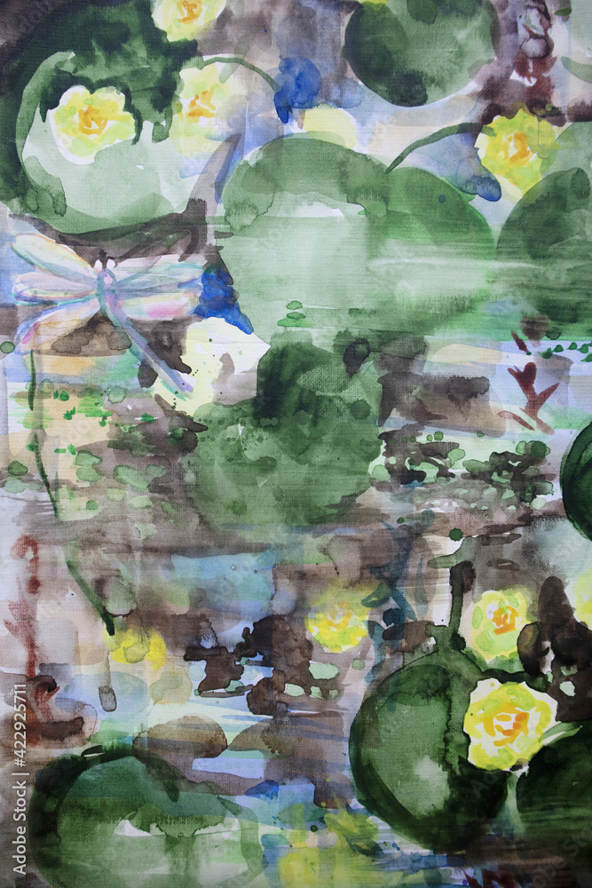 Silt and ooze mud pond bottom. Watercolor painting nuphars with wet ...
