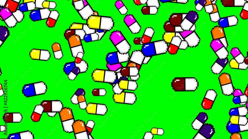 2D retro pixel art pills falling on a green screen background Stock ...