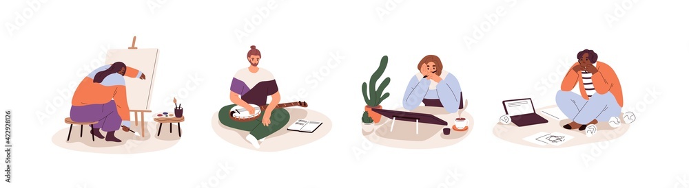 Creativity crisis and burnout concept. Set of sad creative people with ...