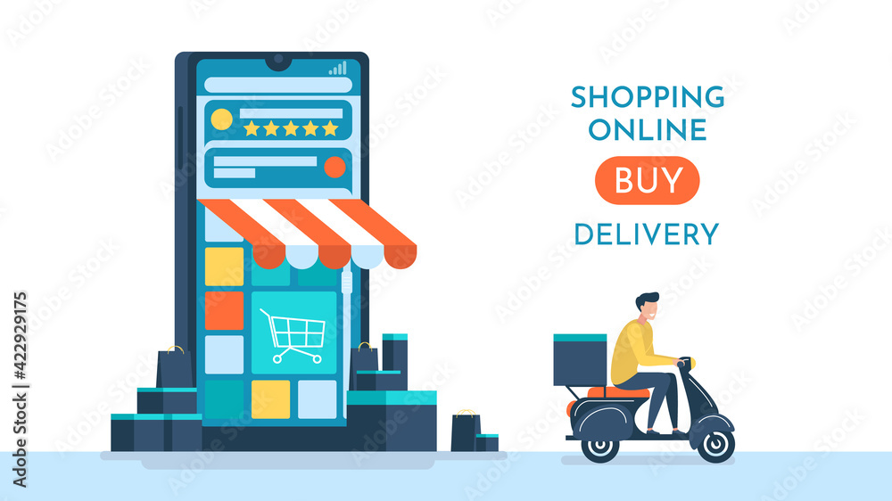 Online store, shopping, fast delivery.Scooter with delivery man flat ...