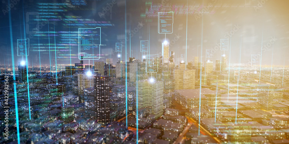 Smart city with network and communication connection - 3d rendering ...