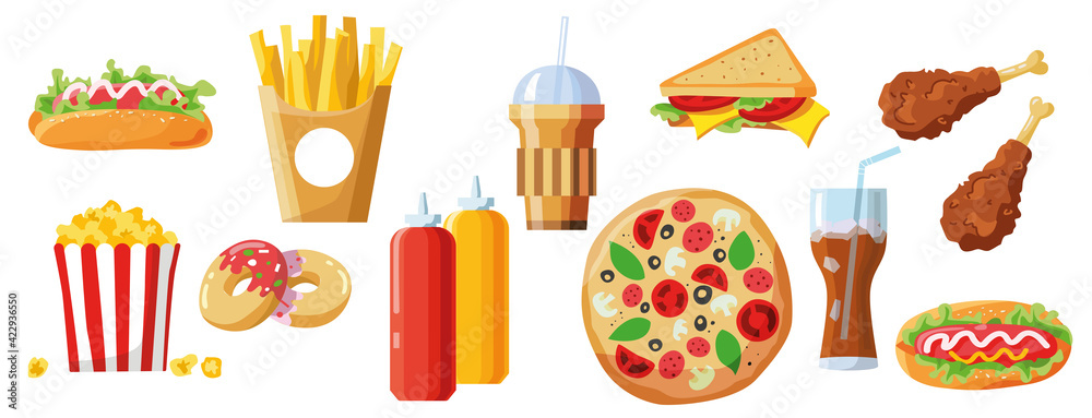 Cartoon set with american fast food. Junk food colorful on white ...