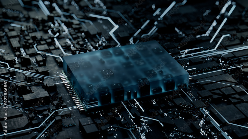 Advanced Technology Concept with Microchip. White Neon Data flows from ...