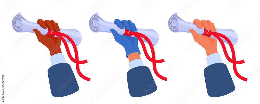 Human hand holding a diploma, a document, a certificate paper scroll of ...