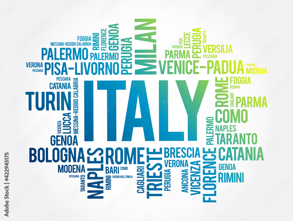 List of cities in Italy, word cloud collage, travel concept background ...