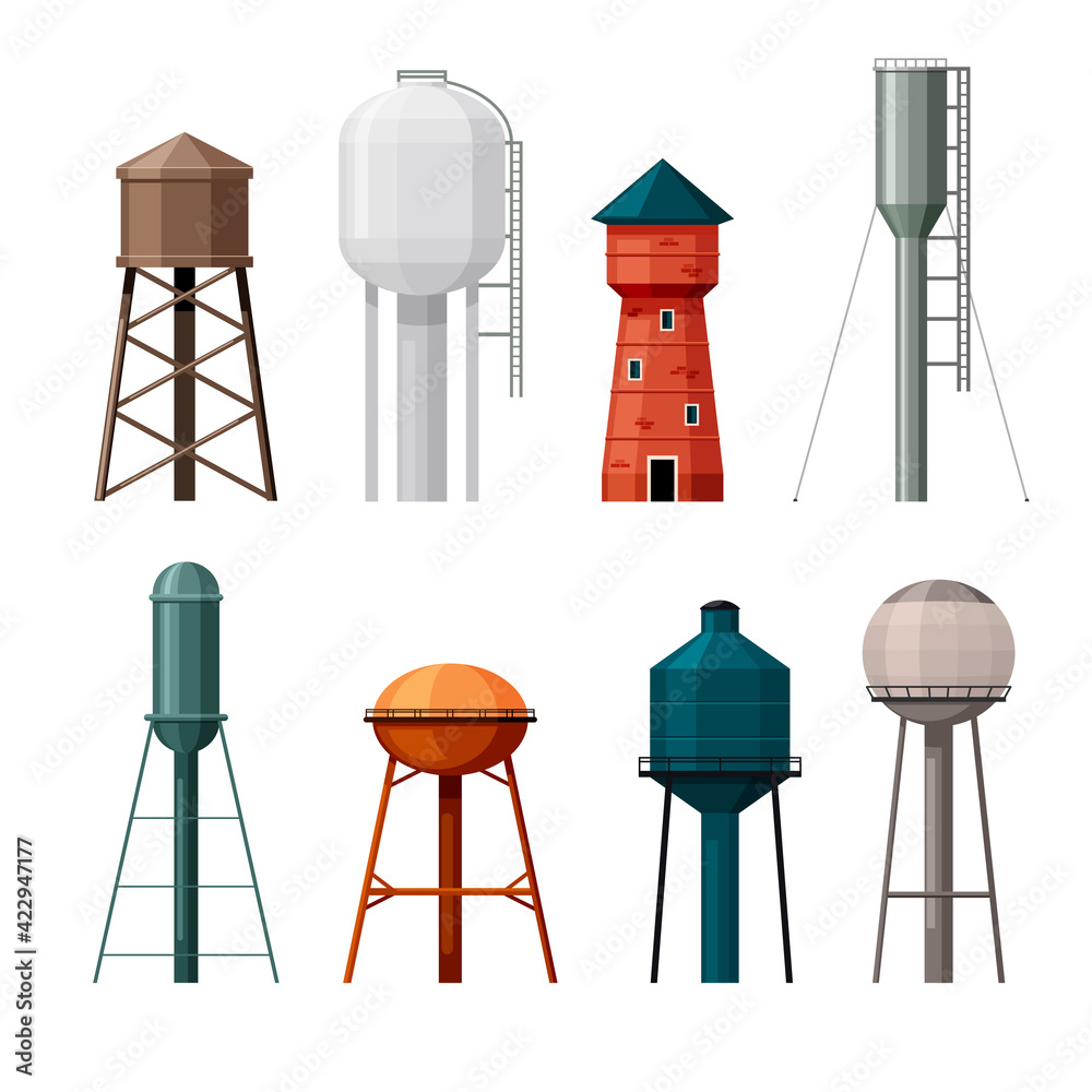 Water towers set. Industrial tanks made red brick and steel for storing ...