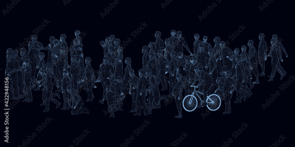 Wireframe of a crowd of people from blue lines on a dark background ...