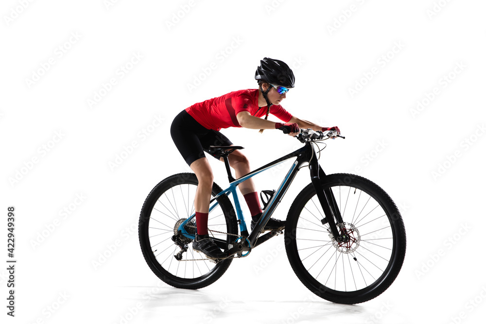 Professional female bike rider with road bike isolated over white ...
