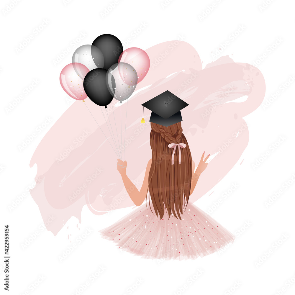 Pretty girl celebrate graduation with with balloons. Vector design ...