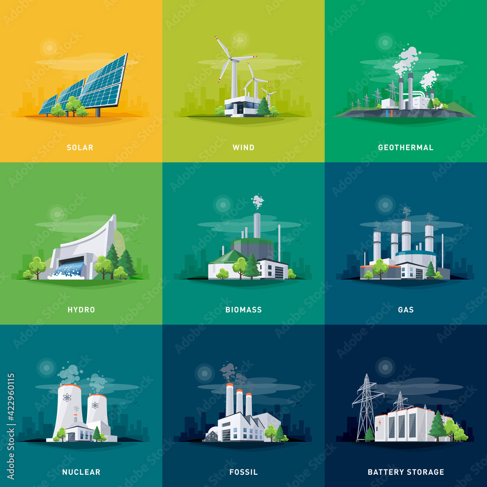 Electricity generation source types. Energy mix solar, water, fossil ...