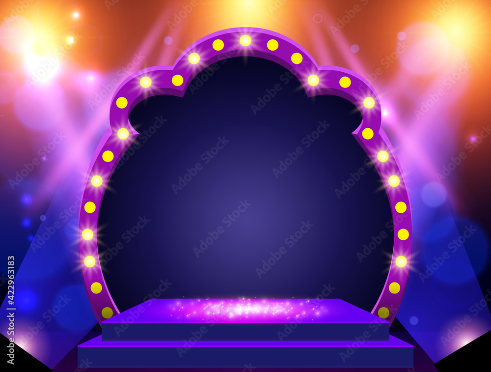 Background with podium and blue and yellow spotlights and arch banner ...